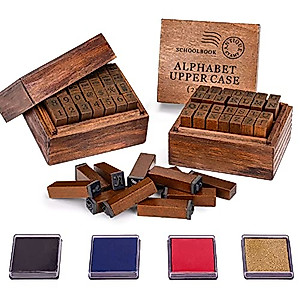 Toptime Letter Stamps, 56pcs Alphabet Stamps with Weeks and Weather, Number Stamps with Wooden Case, Vintage Symbol Wood Stamps with Ink Pads Rubber Stamps for Crafting, Card Making, Scrapbooking