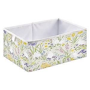 Kigai Rectangular Storage Bin Cute Bunny and Floral Foldable Storage Basket Toy Storage Box for Home Organizing Shelf Closet Bins, 15.8 x 10.6 x 7-Inch