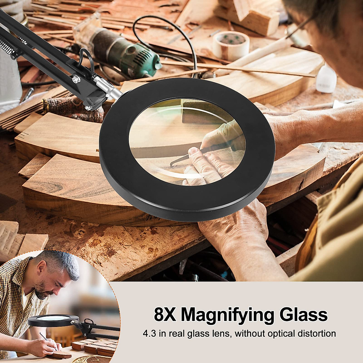 BRISON Magnifying Desk Lamp with Clamp, 3 Adjustable Light, 10 Brightness 8X Magnifier Lamps for Reading/Office/Soldering/Crafts, Swing Arms LED Desk Lamp with Sleep Timer Function