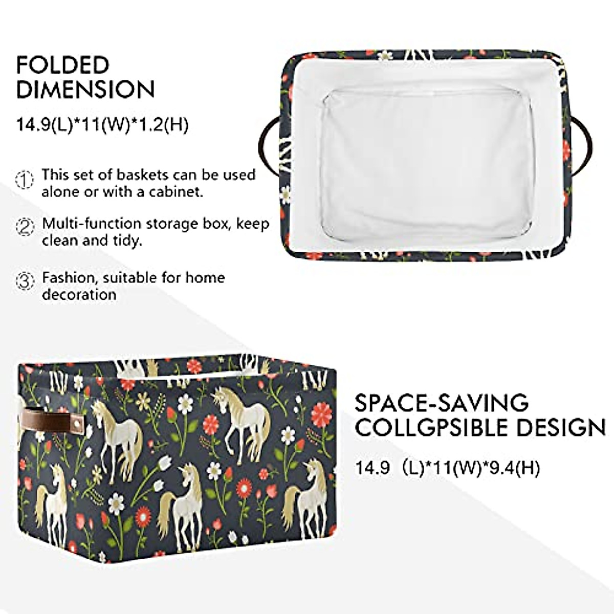KLL Storage Bins Large Foldable Floral Pattern with Magic Unicorns Storage Basket with Leather Handles for Home Office Closet or Shelves