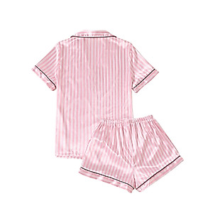 LYANER Women's Striped Silky Satin Pajamas Short Sleeve Top with Shorts Sleepwear PJ Set Pink Medium