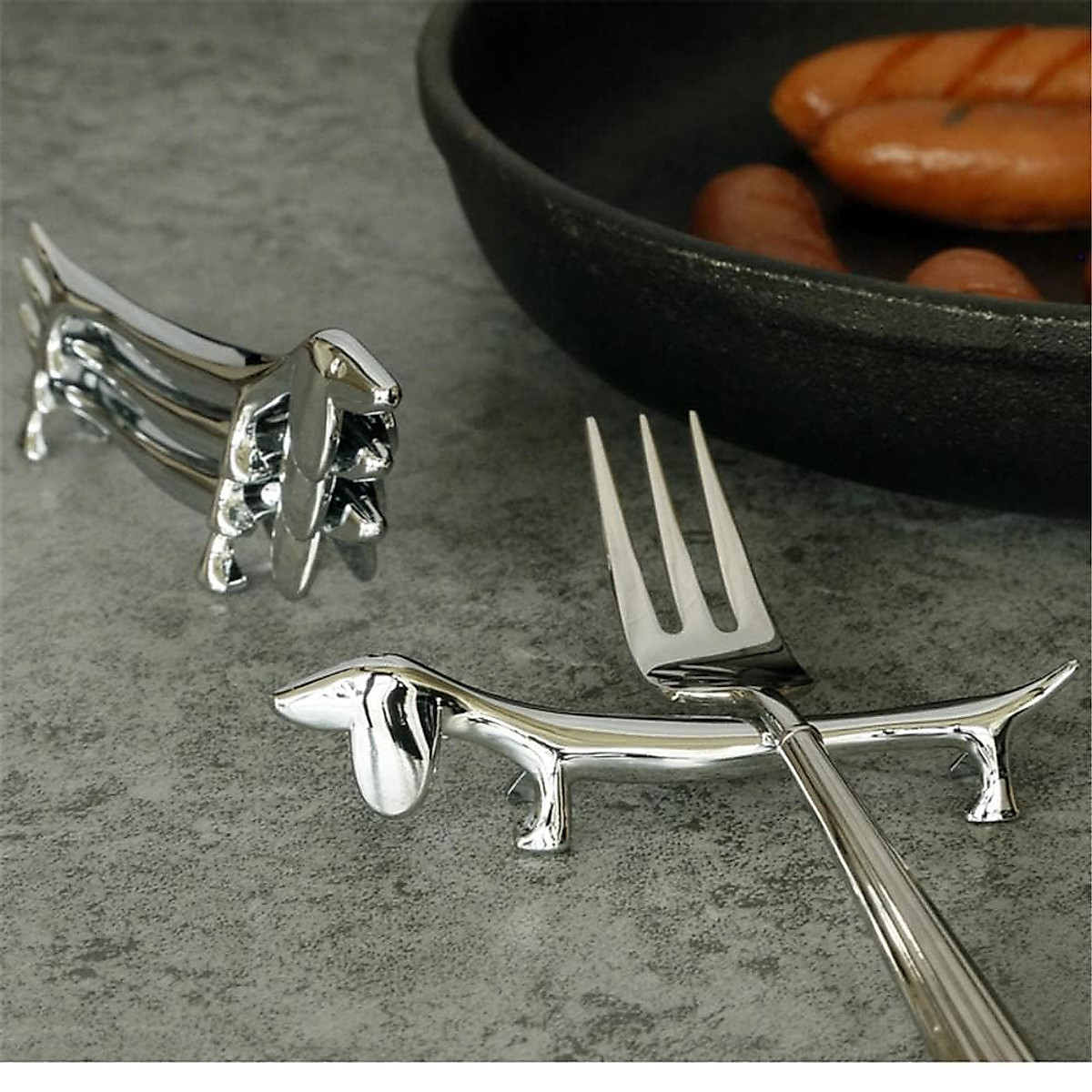 IUAQDP 6 Pieces Dog Chopsticks Holder Metal Dachshund Chopstick Rest Pillow, Silver Puppy Chopstick Rack Stand for Spoon Fork Knife Tableware Brush Home Kitchen Table Decoration