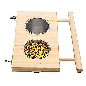 Wood Perch with Double Feeder Cups for Bird Parrot Budgie Parakeet Cockatiel Conure Lovebirds Finch Canary Macaw African Greys Amazon Cockatoo to (L)