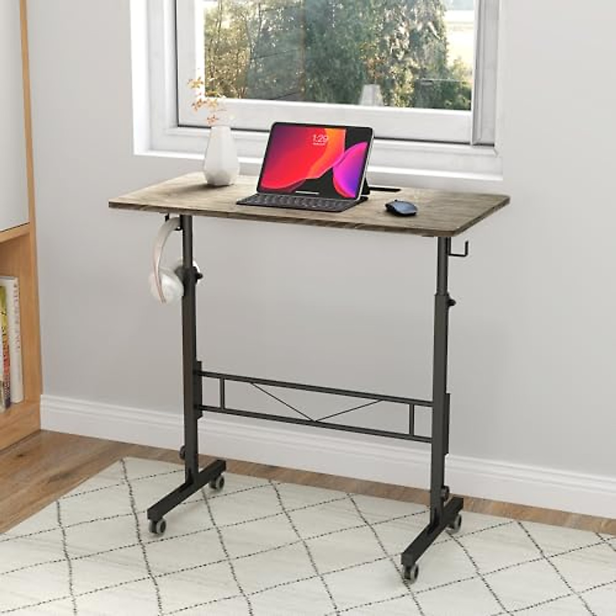 SIDUCAL Mobile Stand Up Desk, Adjustable Laptop Desk with Wheels Storage Desk Home Office Workstation, Rolling Table Laptop Cart for Standing or Sitting, Rustic Gray