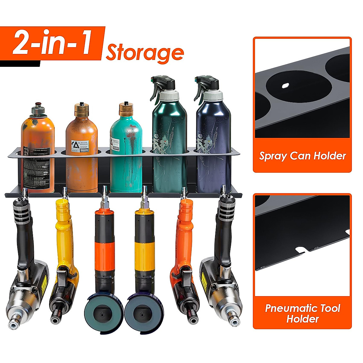 Nisorpa 2 Pack Pneumatic Tool Holder and Aerosol Rack Combo, Wall Mounted Metal Spray Can Bottle Holder Air Tool Organizer Rack for Garages, Workspace and Home, 5 Cans and 6 Slots