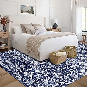 GarveeHome Washable Rugs 8x10 Rug for Living Room Boho Vintage Area Rug for Bedroom Indoor Floral Damask Floral Large Rug Soft Non Shedding Stain Resistant Carpet for Dining Room 8'x10' Blue