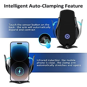 Wireless Car Charger,15W Fast Charging, Phone Holder Mount, Auto Clamping, Phone Mount Phone Holder for iPhone 14 13 12 11, Samsung Galaxy S23+ S22, etc