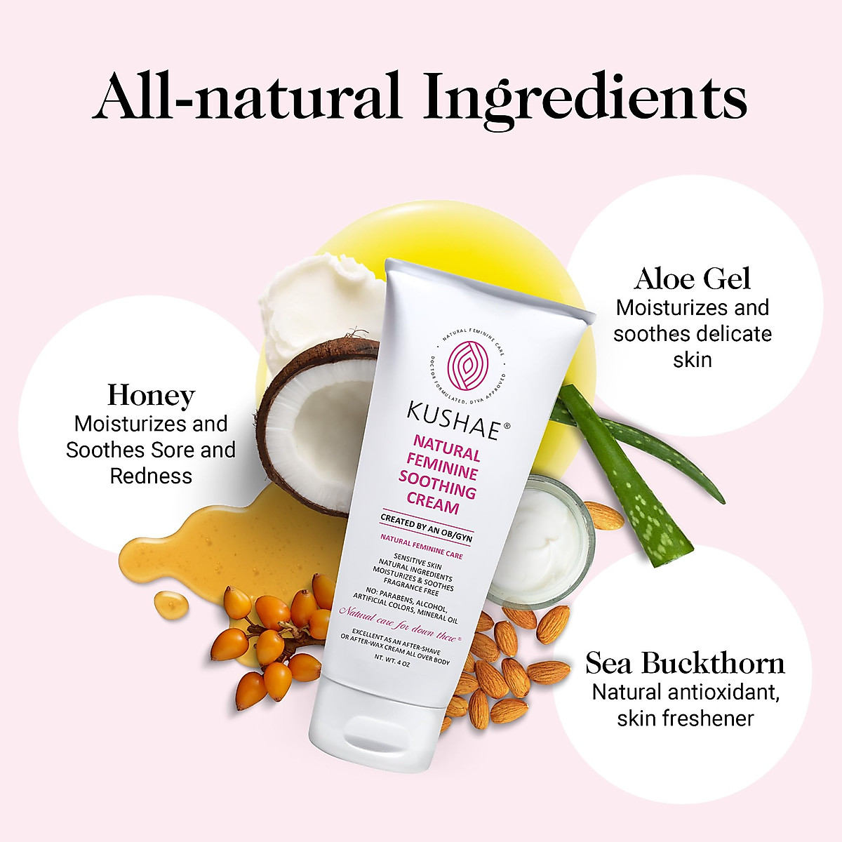 Kushae Feminine Soothing After Shave Cream - OB/GYN Made, Natural, Fragrance Free, Aloe-Based, pH Balanced Intimate Moisturizer for Women 4oz