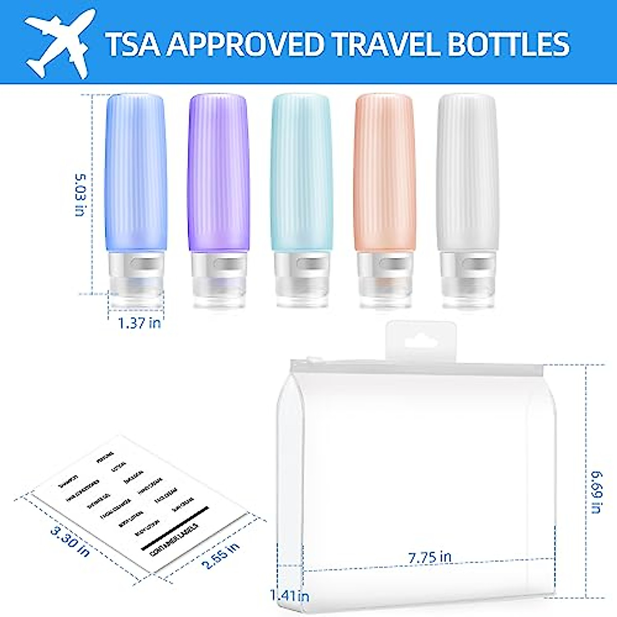 FUNAURORE Travel Bottles for Toiletries, 3 OZ Tsa Approved Travel Size Containers with Labels, Silicone Leak Proof BPA Free Squeezable Travel Essentials for Shampoo, Conditioner,Lotion (5 Pack)