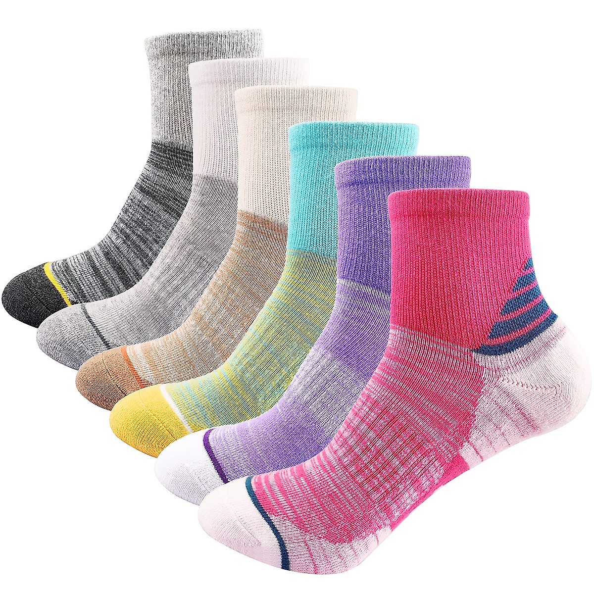 J.WMEET Women's Athletic Ankle Socks Quarter Cushioned Running Socks Hiking Performance Sport Cotton Socks 6 Pack (Multicolor)