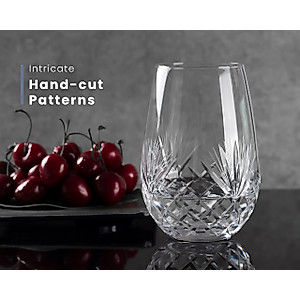 SHOSHIN - Hand Cut Stemless Wine Glass Set of 4, Large 18 oz Crystal Wine Glass, Wine Tumblers for Red and White Wine, Water Glasses, Drinking Glasses