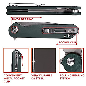Ganzo Firebird FH41-GB Pocket Folding Knife D2 Steel Blade Ergonomic Anti-Slip G10 Handle with Clip Camping Hunting Fishing Gear Outdoor Folder EDC Pocket Knife (Green)