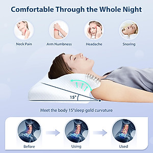 HOMCA Cervical Pillow - Ergonomic Memory Foam Pillow for Neck and Shoulder Pain Relief with Cooling Ice Silk Pillowcase, Orthopedic Neck Bed Pillow for Side, Back and Stomach Sleepers