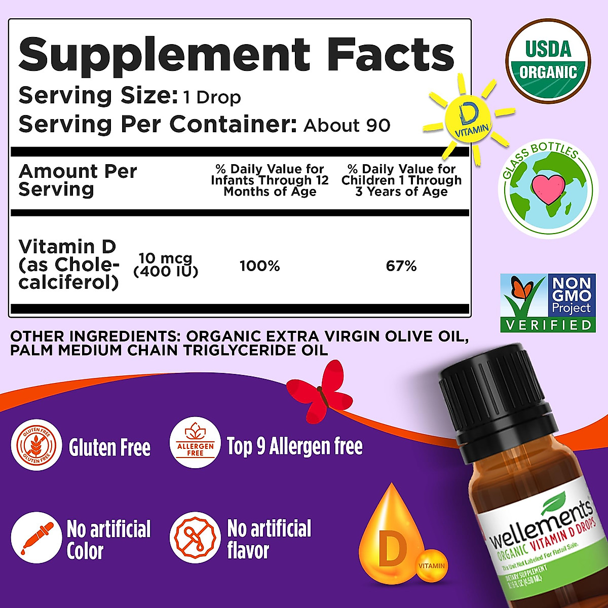 Wellements Baby Organic Vitamin D Drops for Infants & Toddlers (0.15 Fl Oz) - Certified Newborn+ Liquid Vitamin D3 Drops, Support Healthy Growth & Bone Development (1 Drop Daily & 400 IU Per Serving)