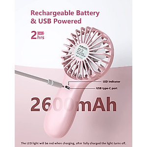 Zuvas Mini Handheld Fan 2600mAh Battery Operated Rechargeable Fan 3 Speed USB Powered Electric Fan Powerful Personal Fan Small Portable Travel Fan for Outdoor Indoor Makeup Eyelash with Lanyard, Pink