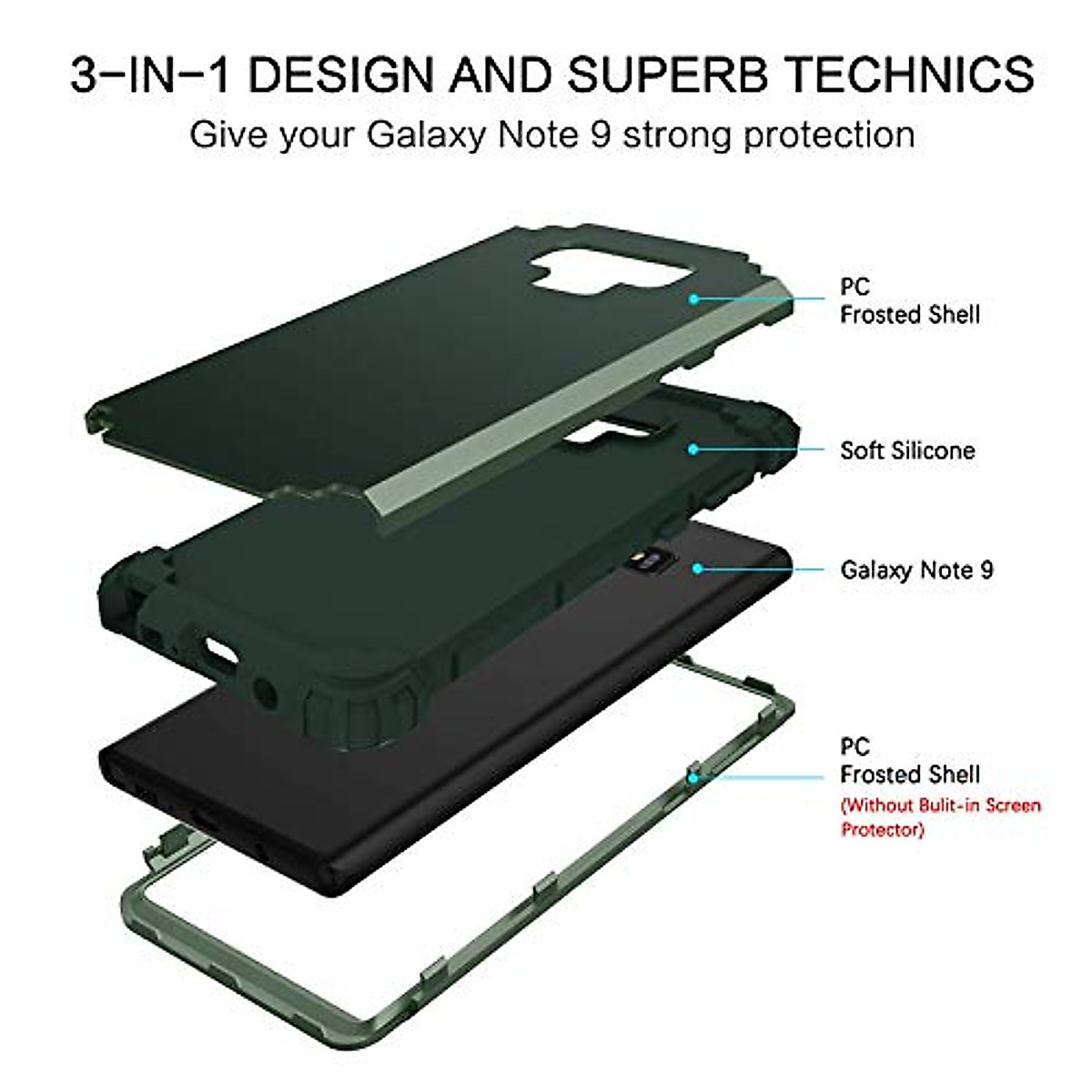 BENTOBEN Galaxy Note 9 Case, Phone Case Samsung Note 9, Heavy Duty 3 in 1 Rugged Hybrid Hard PC Soft Silicone Bumper Shockproof Drop Protective Girls Women Boy Cute Cover for Galaxy Note 9, Dark Green