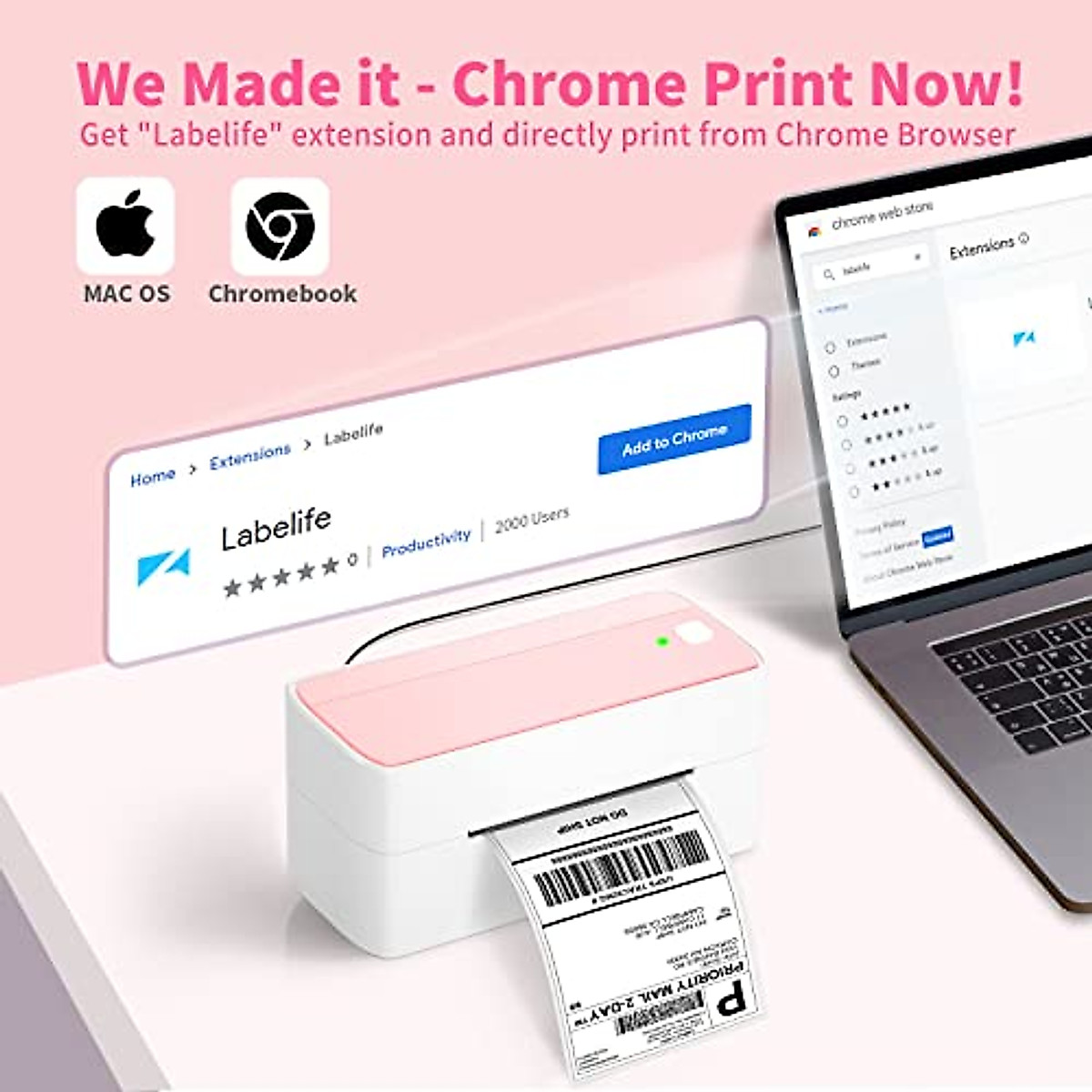 Bluetooth Thermal Label Printer 4X6 - Wireless Shipping Label Printer for Small Business & Packages - Pink Thermal Label Printer Shipping Label Makers, Compatible with iPhone, USPS, Etsy, Amazon
