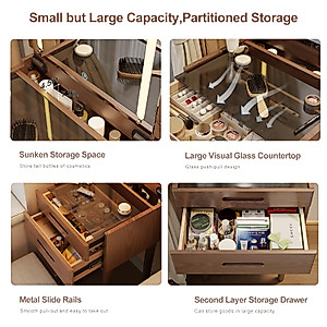 KASLANDI Solid Wood Vanity Desk with Flip Top Mirror & Lights, Small Makeup Vanity with Drawers, 3 Lighting Modes Adjustable Brightness, Vanity Table for Bedroom & Living Room (Walnut)