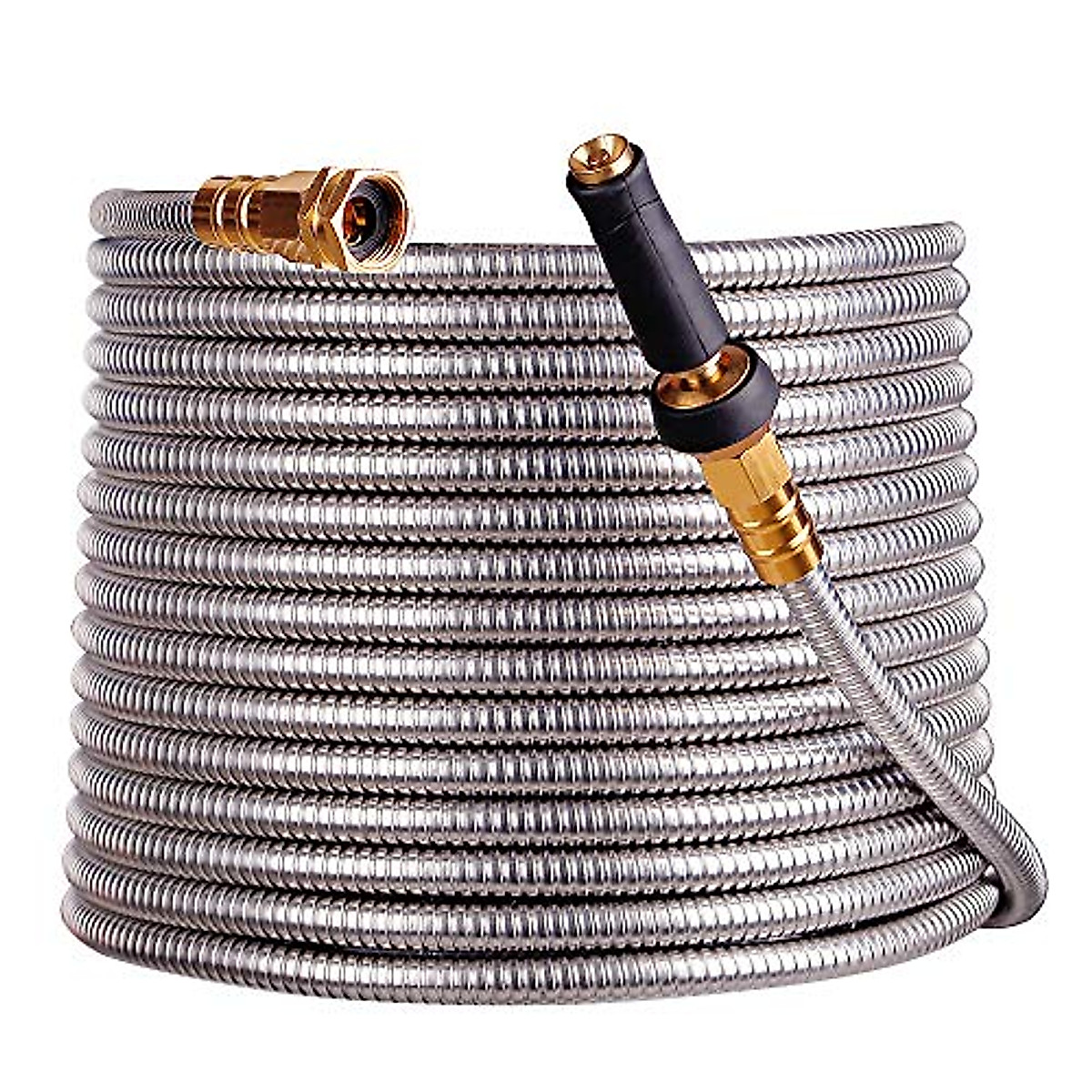SCRIPTRACT 100’304 Stainless Steel Garden Hose with Free Removable Brass Nozzle Lightweight Metal Hose - Portable Durable and Resistant to Knots, Tangles and Punctures (100)