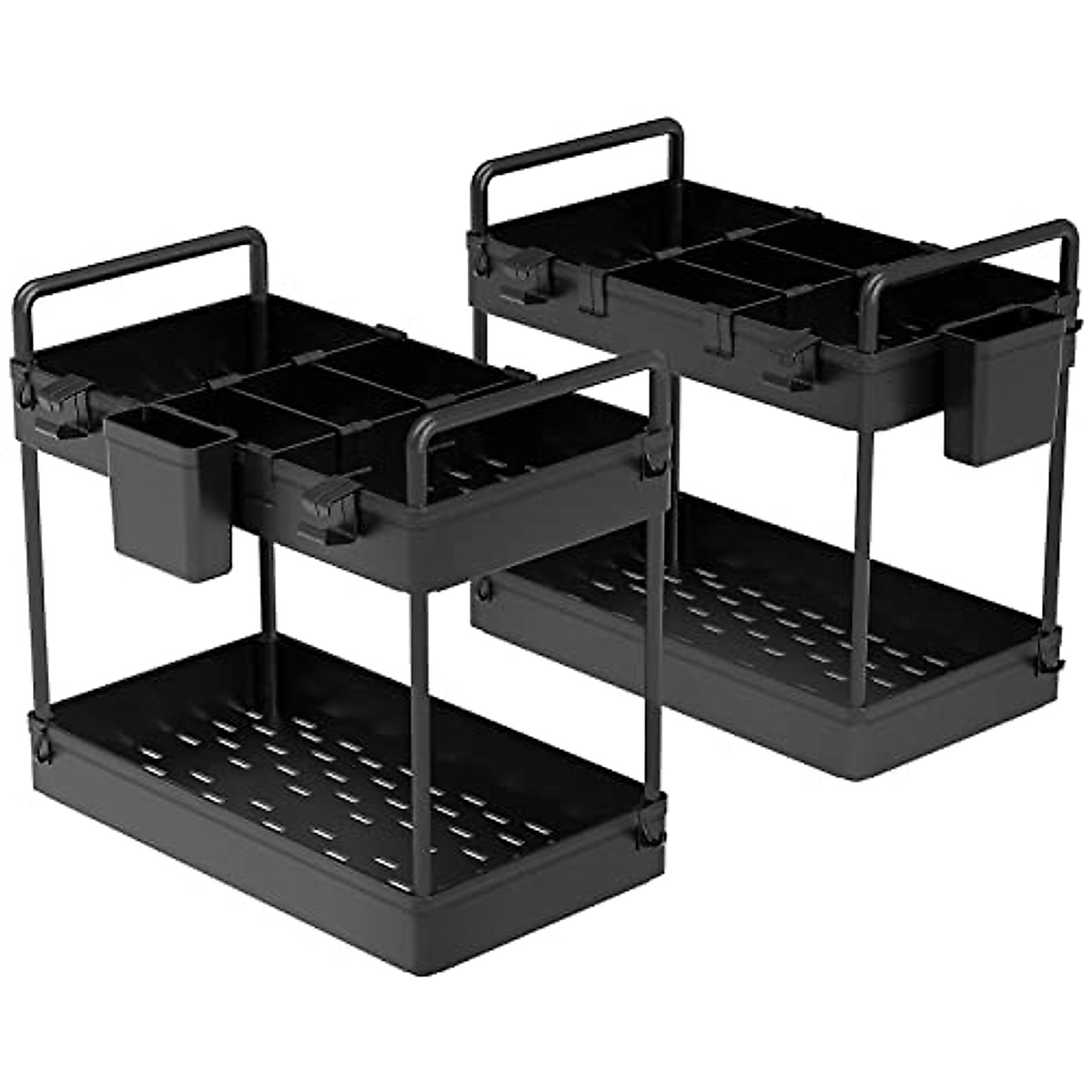 Ronlap 2 Pack Under Sink Organizers and Storage, 2 Tier Bathroom Organizer Under Sink with Handle Hanging Cup Hooks Dividers, Kitchen Organization and Storage Under Sink Cabinet Counter Shelf, Black