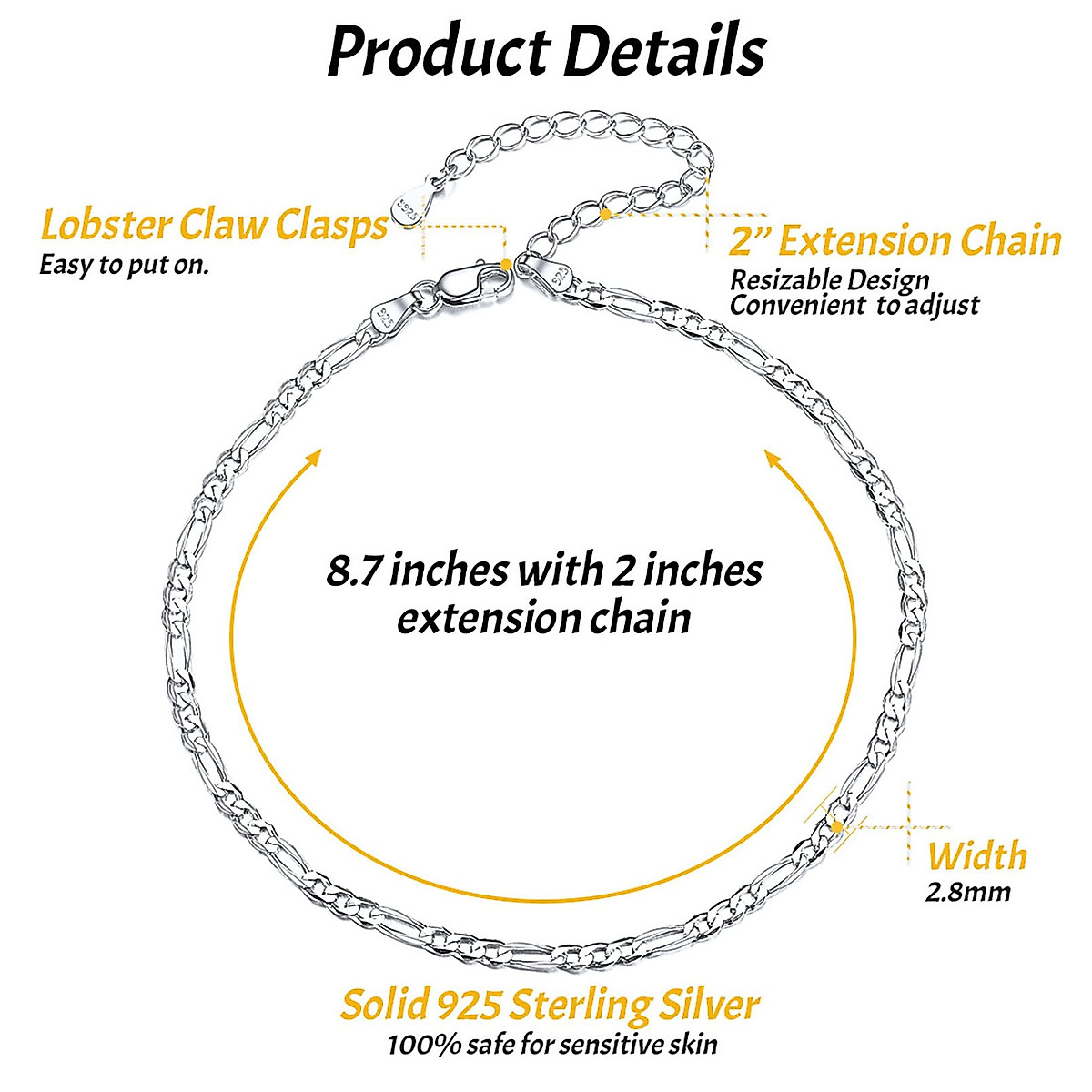 ChicSilver 2.8mm Figaro Chain Anklet 925 Sterling Silver Ankle Bracelets for Women Simple Dainty Waterproof Anklet Womens Anklets Jewelry for Beach Gifts for Mom