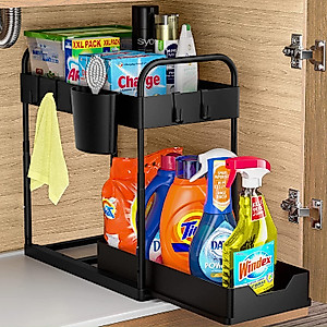 WIOSKE Space-Saving Under-Sink Organizer, Foldable, Plastic Material, Black Color, 4 Side Hooks, Small Hanging Storage Box, Maximizes Vertical Space, Easy Assembly, Sliding Drawer