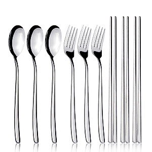 IQCWOOD Spoons and Forks Set, Flatware Set, 3 Pair Forks and Spoons Silverware Korean Utensil Set, Stainless Steel Korean Chopsticks Spoons and Fork Set, Dinnerware Portable Utensils for Home