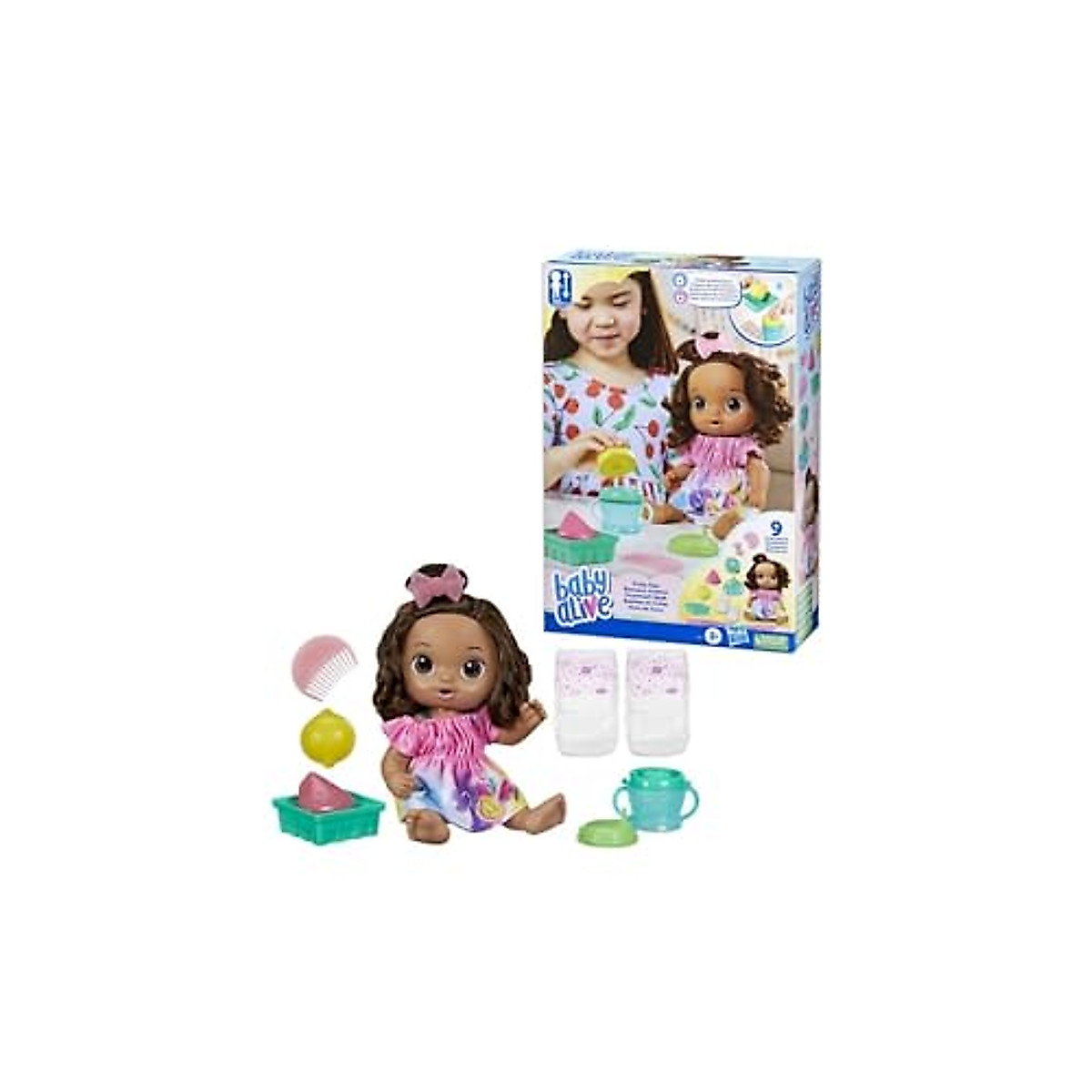 Baby Alive Fruity Sips Doll, Lemon, Toys for 3 Year Old Girls, 12-inch Baby Doll Set, Drinks & Wets, Pretend Juicer, Kids 3 and Up, Brown Hair