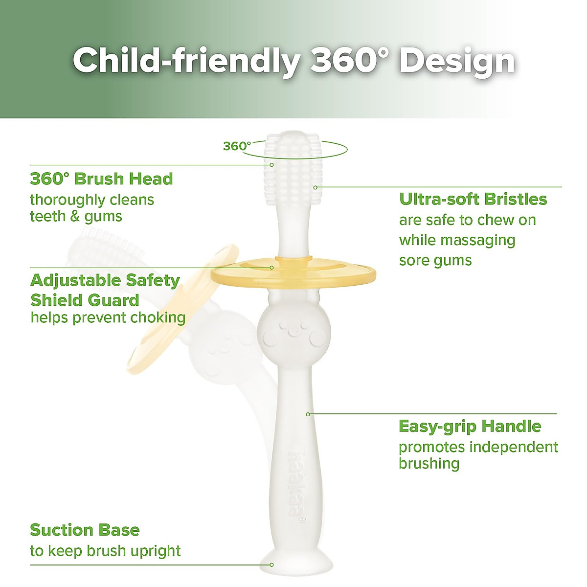 haakaa 360° Baby Toothbrush with Suction Base - Gentle Cleaning for Infant Self-Brushing Training, Food-Grade Silicone, Adjustable Safety Shield - Translucent (1 Piece)