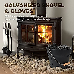 Poofzy Ash Bucket with Lid, 1.3 Gallon Ash Bucket for Fireplace, Metal Fireplace Bucket for Ashes Includes Shovel, Hand Broom and Gloves for Wood Burning Stove, Fire Pit and Grill