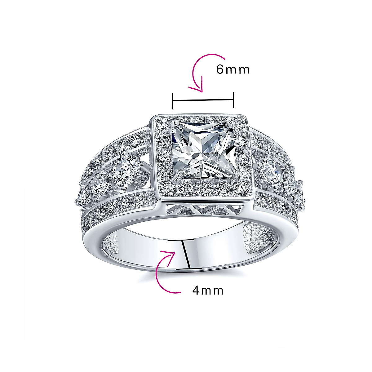 Bling Jewelry Personalize Square Cut Halo AAA CZ Art Deco Style Princess Engagement Ring For Women Wide 3 Row Band .925 Sterling Silver Promise Ring Custom Engraved