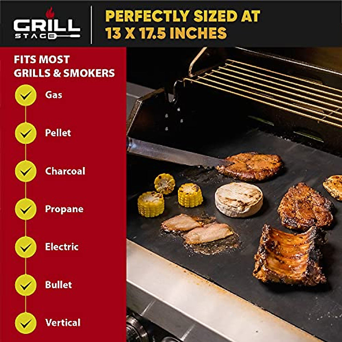 Reusable Heavy Duty Grilling Mat Set - BBQ Mats For Grilling Prevent Food From Sticking & Falling In Between The Grates - Easy To Clean Durable 500 Degree Nonstick Grill Mat - Set Of 2