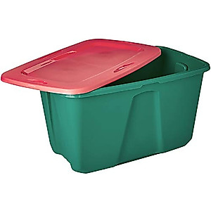 Homz Holiday Plastic Storage Tote Box, 32 Gallon, Greed With Red Lid, Stackable