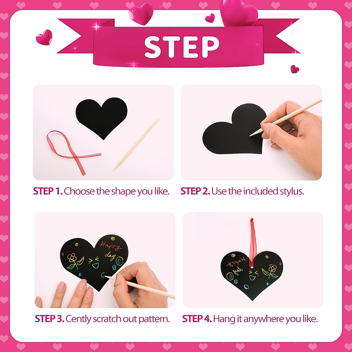 28 Pieces Valentines Crafts for Kids,Rainbow Scratch Paper Ornaments,Heart Shape Scratch Craft Art Kit for Class Valentines DIY Art Activity,School Valentines Day Gifts for Kids