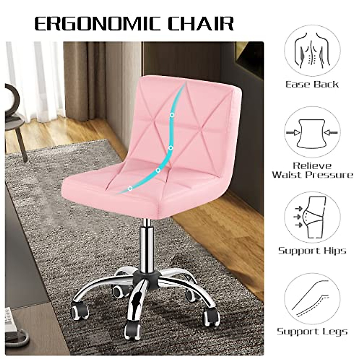 COSVALVE Armless Desk Chair Set of 2, Low Back Swivel Office Chair, Adjustable Task Chair with Rolling Wheels and Diamond Pattern, for Home Computer Barber, 2-Pack, Pink