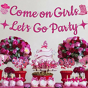5 PCS Let’s Go Party Banner Hot Pink Party Decorations Cowgirl Pennant Flag Come on Girls Banner Princess Themed Hanging Decor for Birthday Princess Wedding Bridal Shower Party Supplies