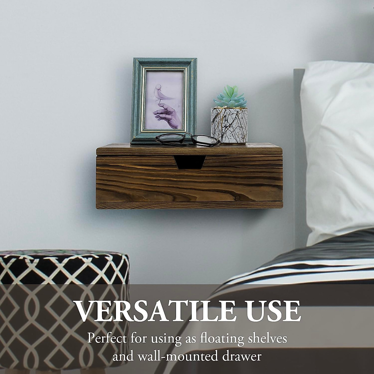 MyGift 15.5 Inch Rustic Floating Shelf with Drawer, Burnt Solid Wood Decorative Wall Mounted Wooden Bedroom Nightstand or Storage Console Table