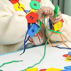 70 Pcs Montessori Lacing Threading Toy - Geometric Shaped Large Beads for Kids Crafts, Preschool Activities and Daycare Toys - Autism Learning Materials and Fine Motor Skills Toys for 3 4 5 6 Year Old