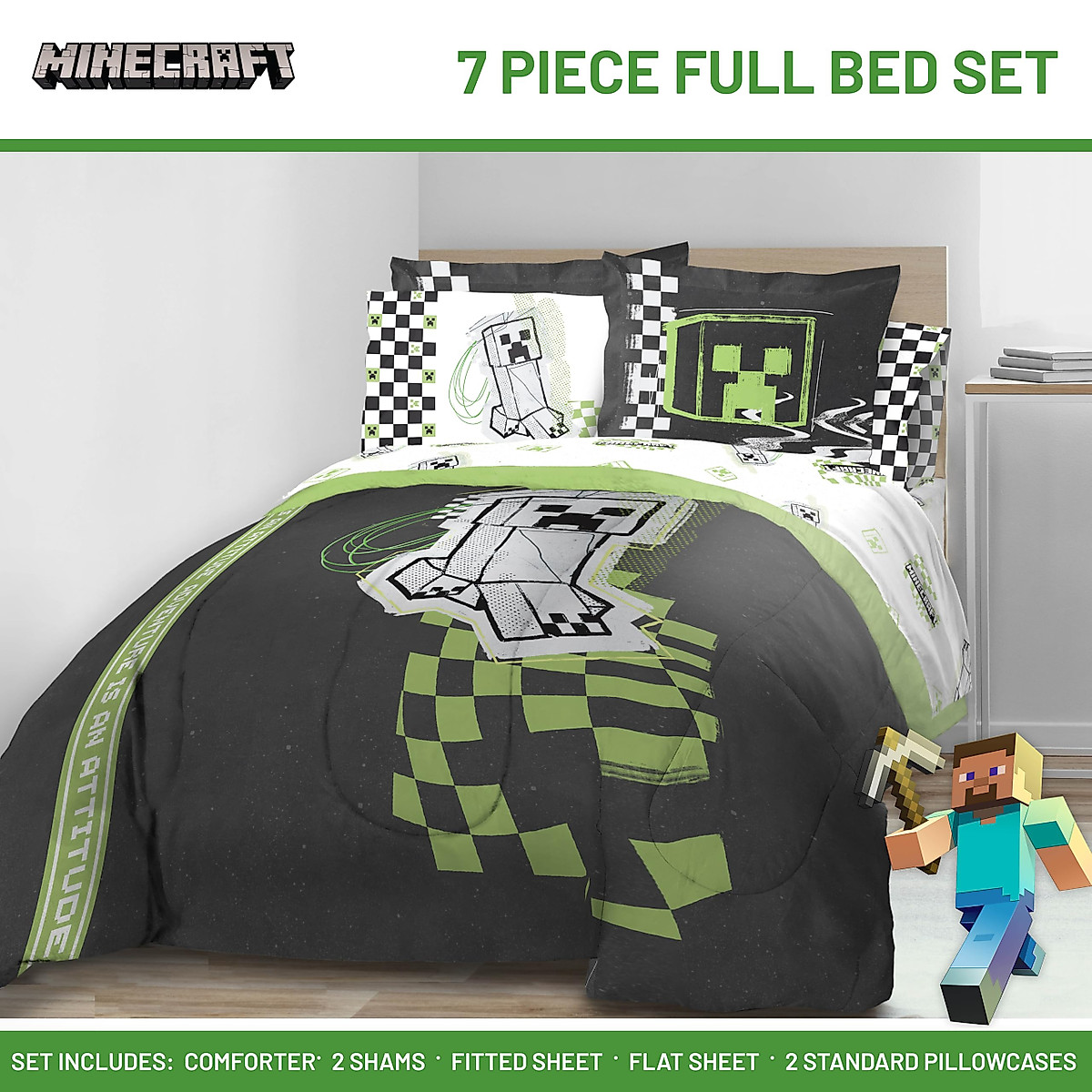 Jay Franco Minecraft Creeper Full Size Comforter Set - 7 Piece Bedding Includes Sheet Set & Pillow Covers - Super Soft Green & Gray Kids Bedding
