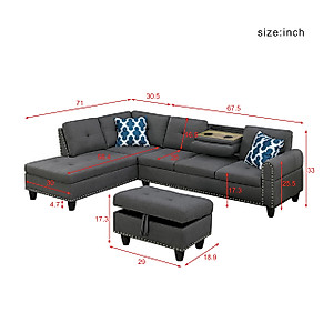 FANYE L-Shaped 5 Seaters Sectional Sofa with Right Chaise, Faux Leather Upholstered Corner Sofa&Couch W/2 Cup Holders and Storage Ottoman for Home Apartment Office Living Room