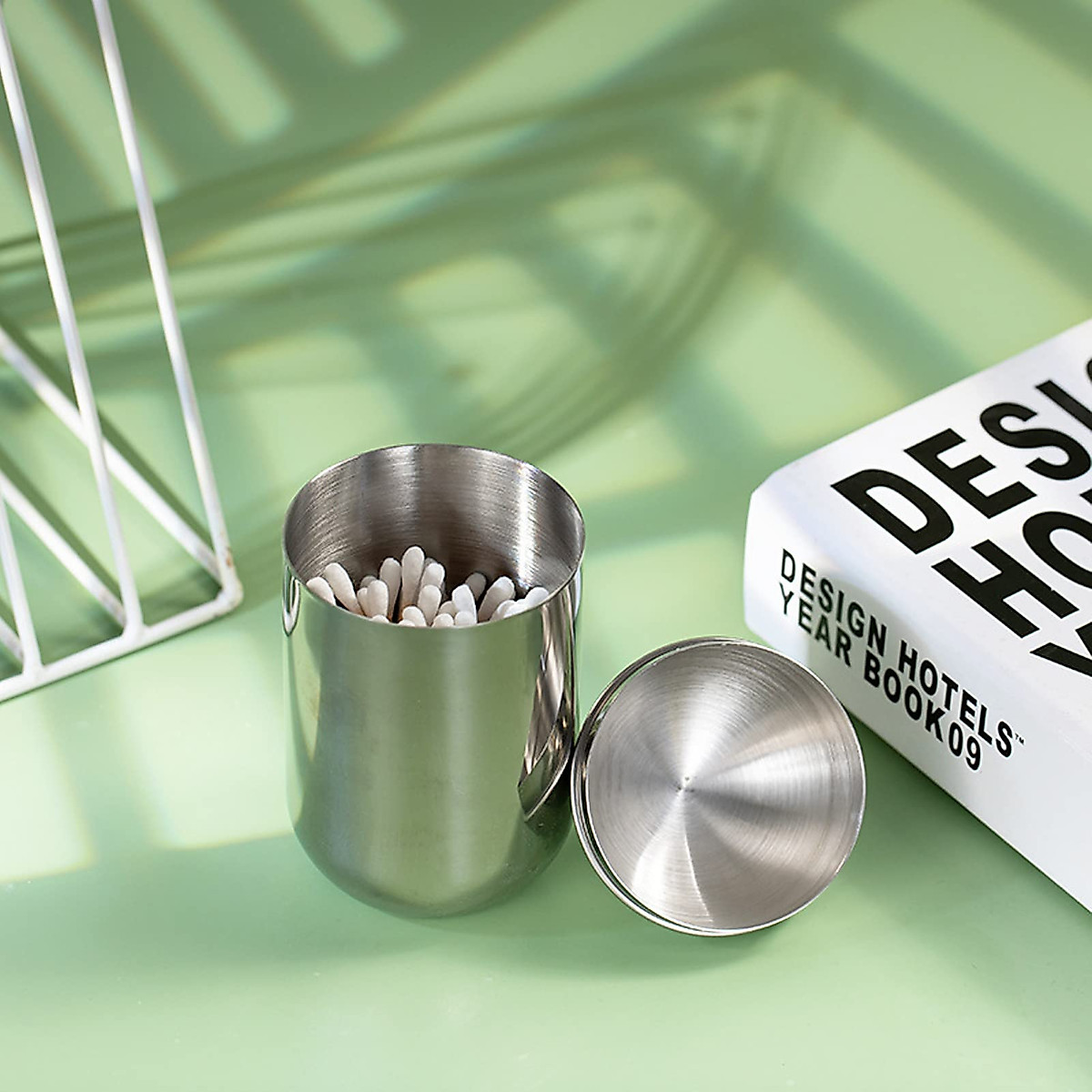 Natudeco Cotton Swab Holders 304 Stainless Steel Cotton Ball Canisters Light Luxury Storage Jar Dustproof Water Resistant Toothpick Dispenser with Lid for Home Bathroom