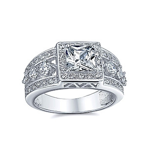 Bling Jewelry Personalize Square Cut Halo AAA CZ Art Deco Style Princess Engagement Ring For Women Wide 3 Row Band .925 Sterling Silver Promise Ring Custom Engraved