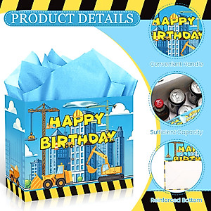 CASLON 1Pc Construction Birthday Gift Bag with Tissue Paper and Card, Blue Construction Birthday Wrapping Paper Bag Construction Truck Party Gift Bag Christmas Gift Bag for Boys Construction Birthday