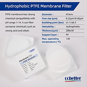 COBETTER 100 Pieces/Pack PTFE Disc Membrane Filters Hydrophobic 47mm Diameter 0.22µm Pore Size