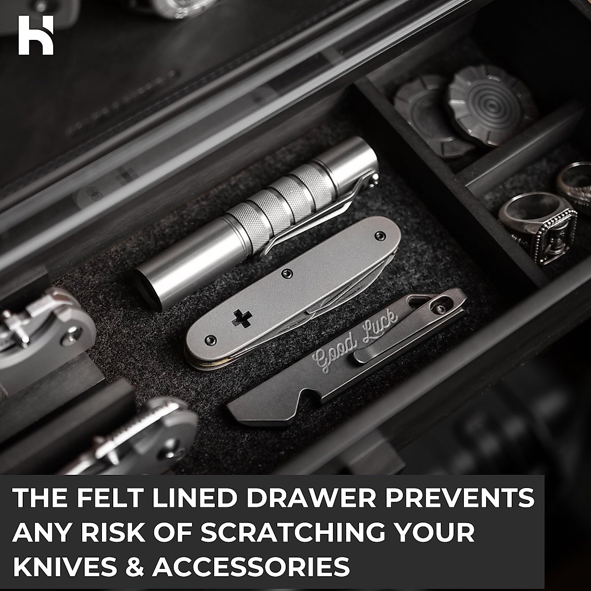 Watch & Pocket Knife Display Case – Switch Up Your Display with the Modular Pillars – Comes with Vegan Leather Padding and 4 Extra Pillars – The Combo Deck Pro – Lifetime Assarance Included