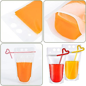 LOMIMOS 50 PCS Stand-Up Plastic Drink Pouches,Reusable Heavy Duty Hand-Held Translucent Reclosable Zipper Drink Bag with 50 Straws for Smoothie Juice Adult Party