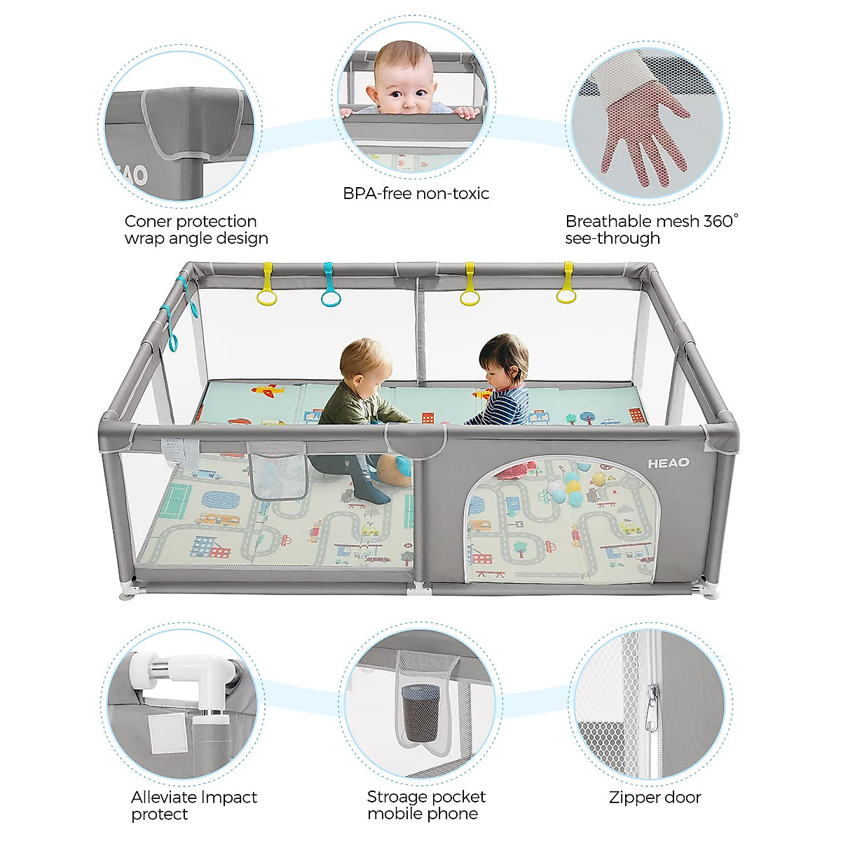 HEAO XXL 79x59 Baby Playpen with Playmat & stroage Bag Kids Large Playard with 30PCS Pit Balls Indoor & Outdoor Kids Activity Center Infant Safety Gates Light Grey