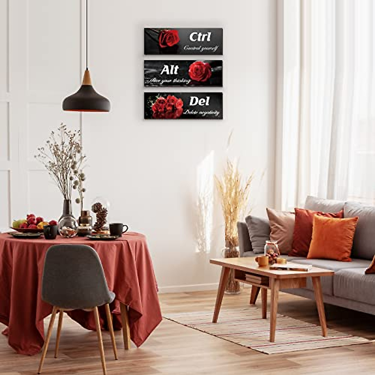 3 Pcs Red Wall Decor Red Roses Office Decor Inspirational Flower Wooden Wall Art Red Decor with Positive Quotes Ctrl Alt Del for Girl Women Office Bedroom Bathroom Living Room (Red Rose12 x 4 Inch)