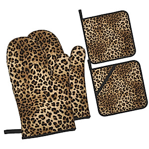 Leopard Print Oven Mitts and 2 Pot Holders Set, Soft Cotton Lining with Non-Slip Surface, Kitchen Microwave Gloves for Baking Cooking Grilling BBQ