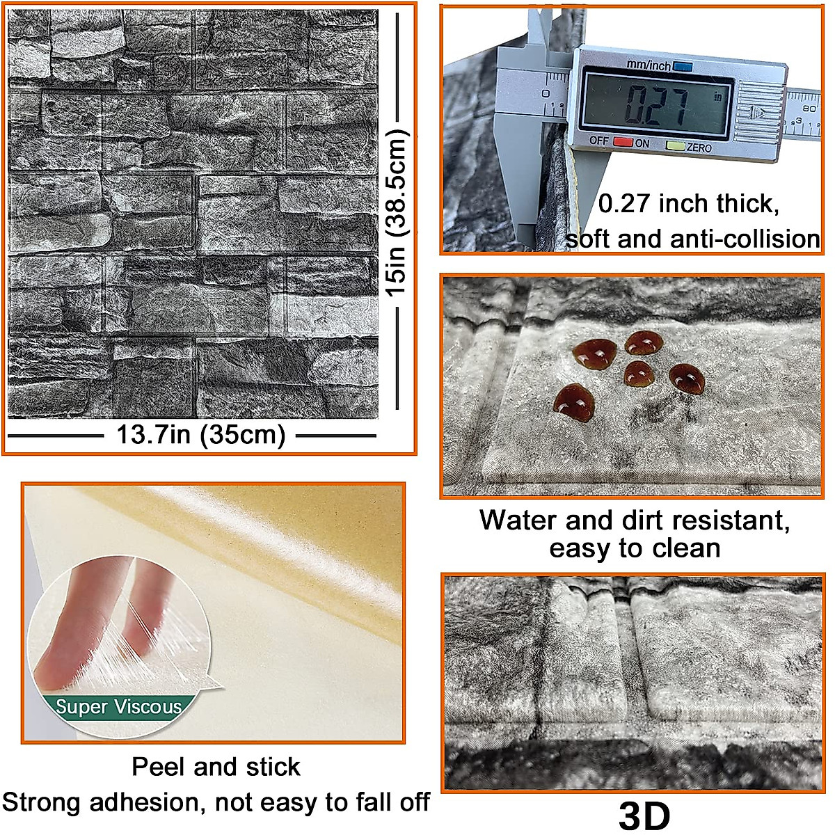 10PCS 3D Wall Panels Peel and Stick 3D Brick Wallpaper Peel and Stick Faux Stone Wall Panel Foam Brick Self-Adhesive Wallpaper (Black,10pcs)